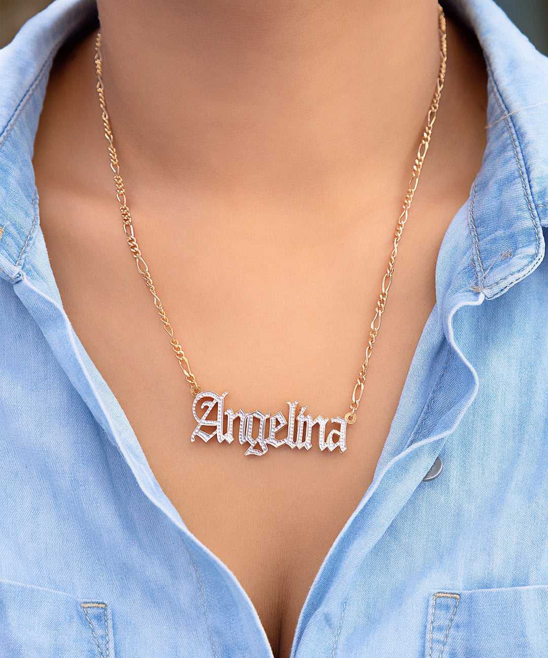 Double Plated Gothic Name Necklace with Figaro Chain – stellaandjules.com