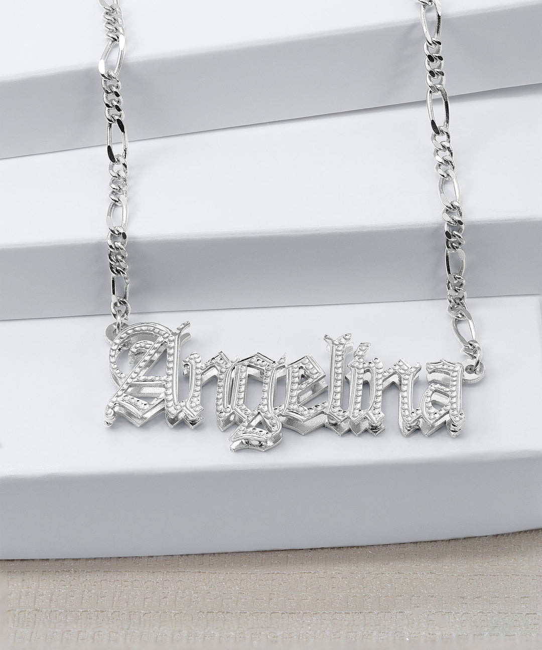 Double Plated Gothic Name Necklace with Figaro Chain – stellaandjules.com